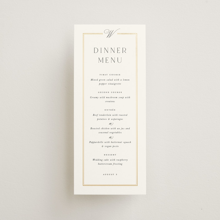 Elegant Type Foil-Pressed Long Menus by Leah Bisch | Minted