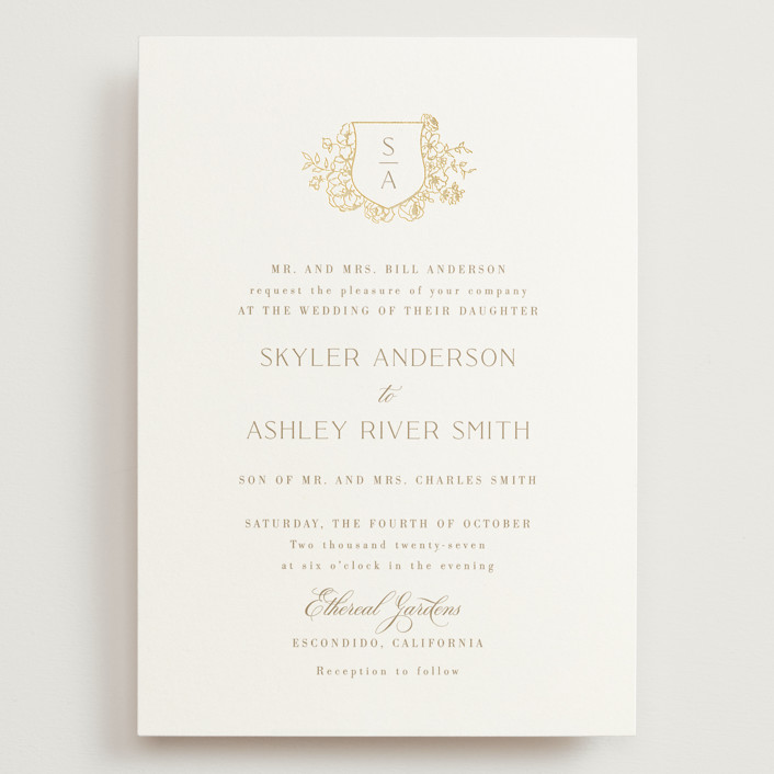 floral crest Foil-Pressed Grand Wedding Invitations by Cass Loh | Minted