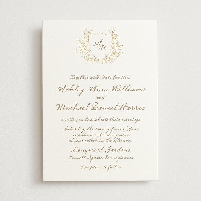 Boho flower crest Foil-Pressed Wedding Invitations by Cass Loh | Minted