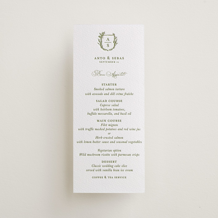 Botanical Crest Letterpress Long Menus by Lucrecia Caporale | Minted