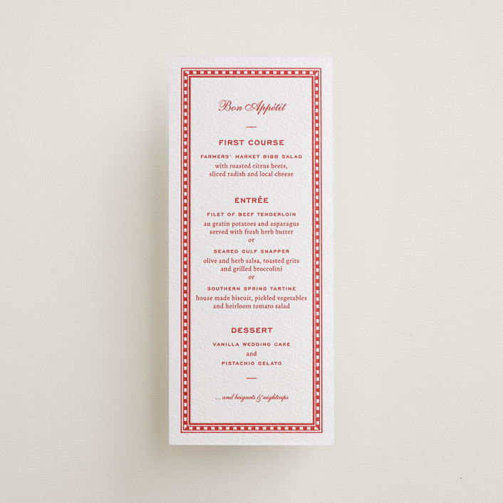 Larkin Letterpress Long Menus by Megan Davis | Minted