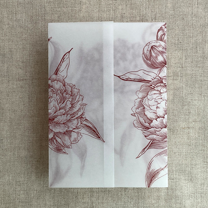 Burgundy etched grand peony floral printed vellum wrap for 5x7 card ...