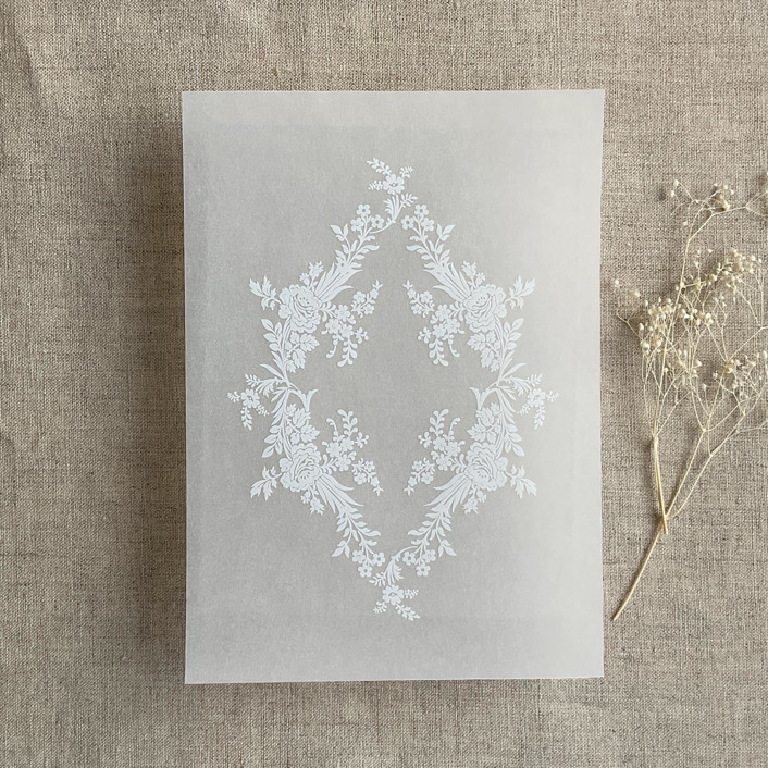 French floral crest white ink print vellum overlay for 5x7 card | pack ...