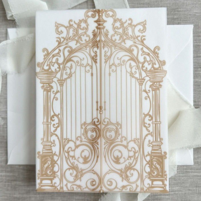 Faux gold ornamental gate vellum jacket for invitations | Set of 10 ...