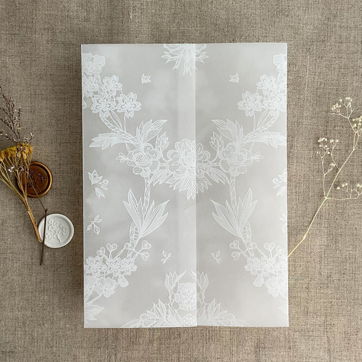 White ink print Venetian floral lace printed vellum wrap for 5x7 card ...
