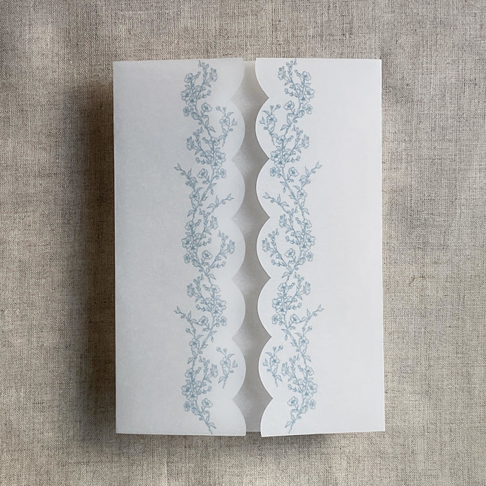 Steel blue floral printed scallop edge vellum wrap for 5x7 card | pack ...