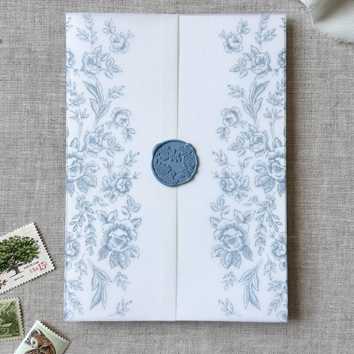 Dusty blue toile vellum jacket | Set of 10 Invitation Jackets and ...