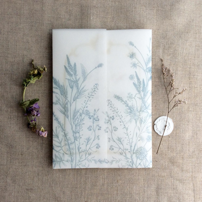 Steel blue English botanical garden floral vellum wrap for 5x7 card ...