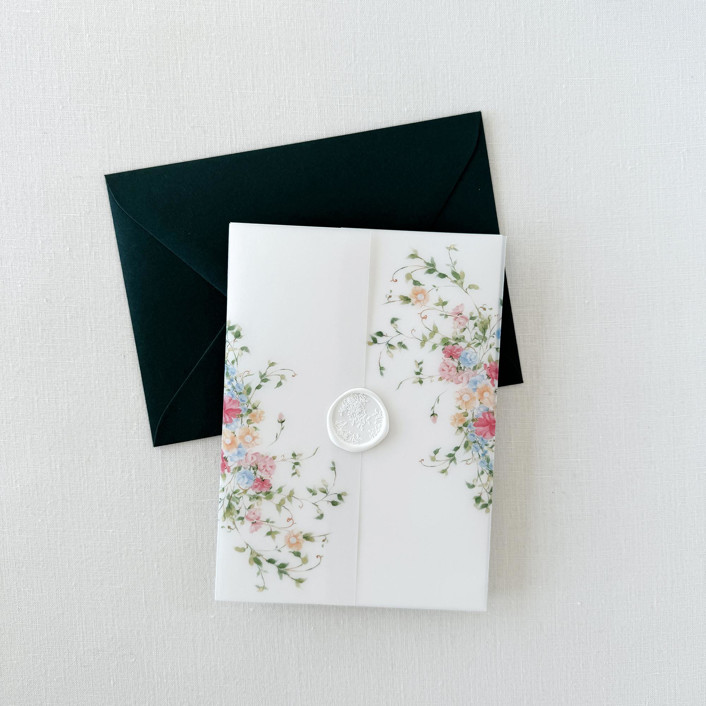 Pink and blue Wildflower Vellum Jacket for 5 x 7 Wedding Invitation ...