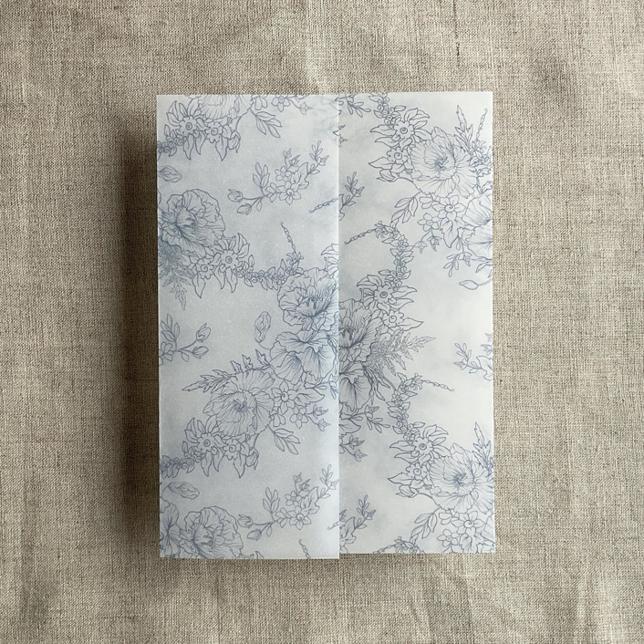 Steel blue poppy floral toile printed vellum wrap for 5x7 card | pack ...