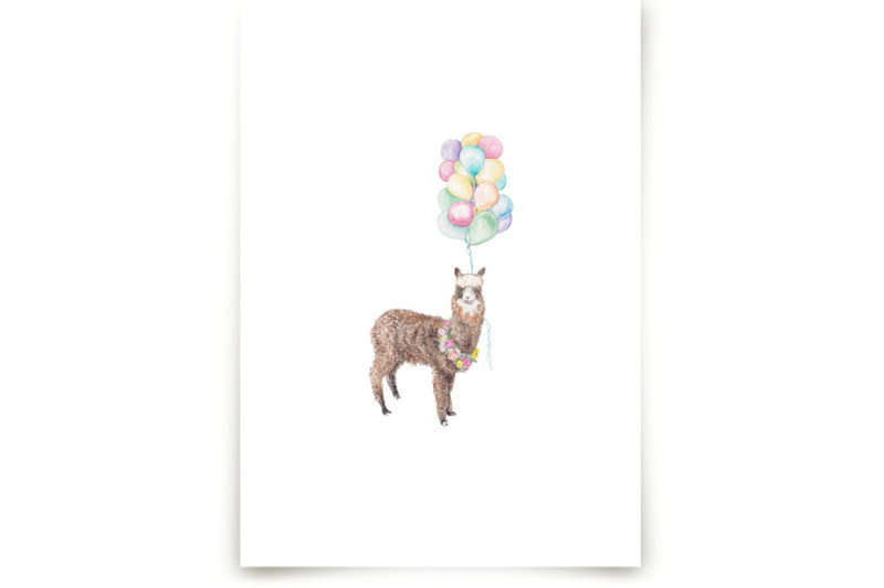 Watercolor Llama With Balloons & Flowers Children's Art Prints by ...