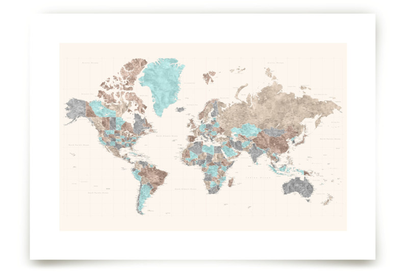 Highly detailed watercolor world map Fine Art Prints by Rosana Laiz ...