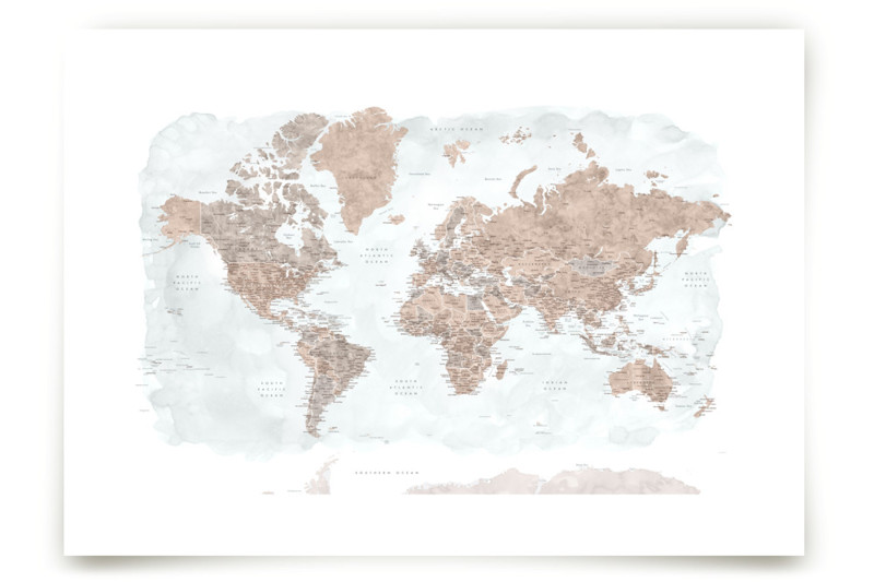Calista detailed watercolor world map Fine Art Prints by Rosana Laiz ...