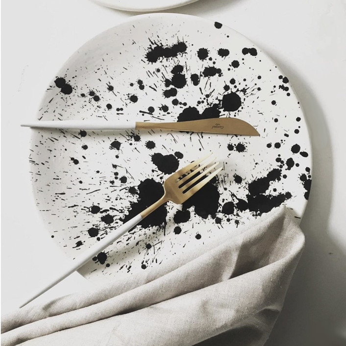 Handmade Rock Ceramic Dinner Plate - Black & White Splatterware Plates ...