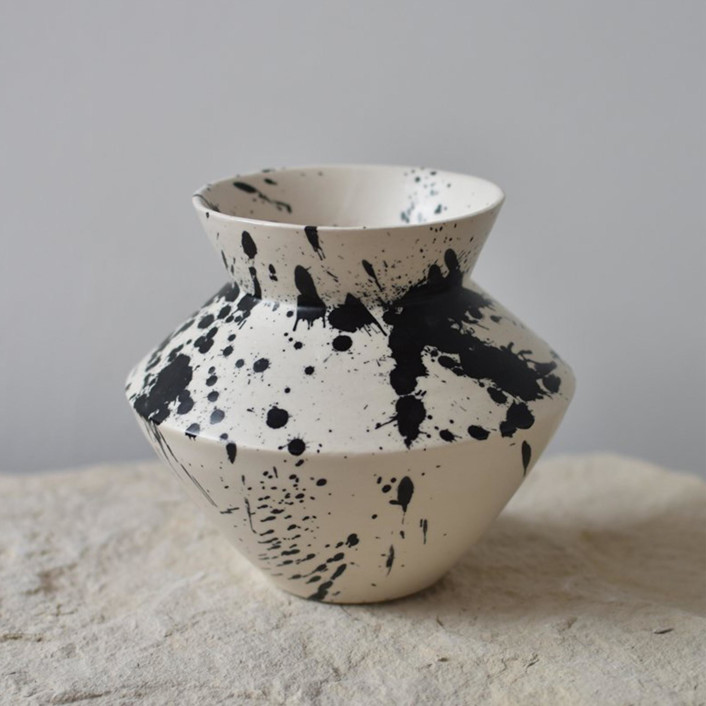 Handmade Modern Matte Black and White Splattered Ceramic Rock Vase ...