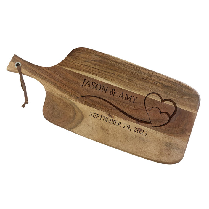 Engraved Couple's Names with Hearts Acacia Paddle Cutting Board Couple ...