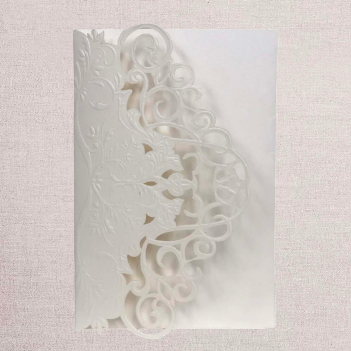 Qty of 50 Custom Ivory Shimmer Lace Embossing Tri-fold Laser Cut ...