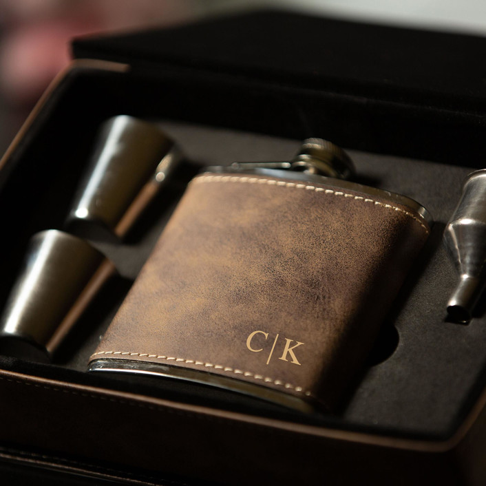 Rustic Brown Custom Engraved Flask Gift Set Groomsmen Gifts by Deborah ...