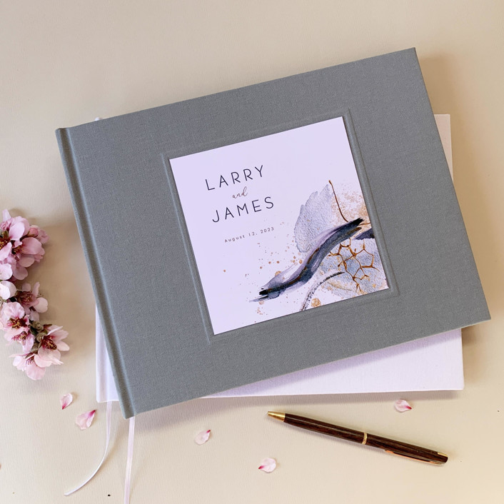 Custom Wedding Guest Book | Elegant Golden Splash Watercolor | Gray ...