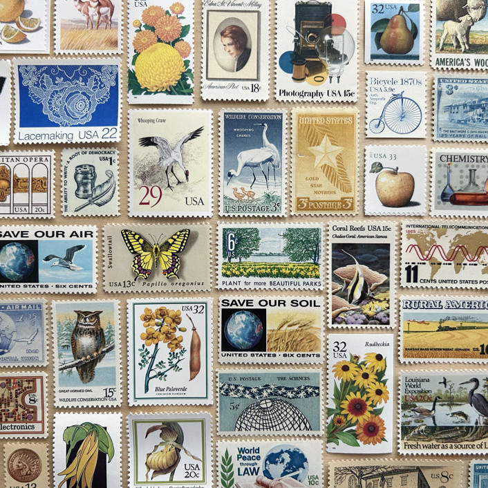 73 cents . Blue & Gold vintage postage stamp variety pack . Set of 5 ...
