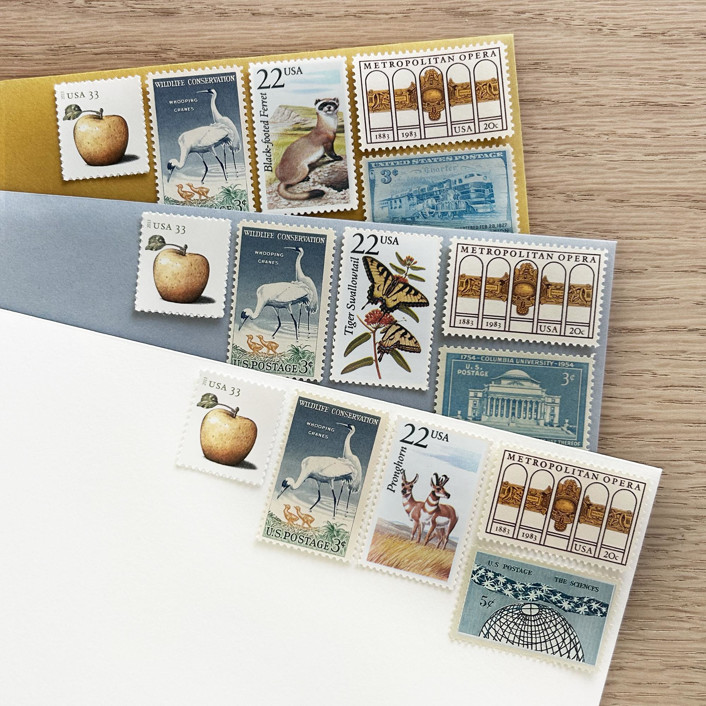 92 cents . Gold and Blue vintage postage stamps . Set of 5 Postage ...