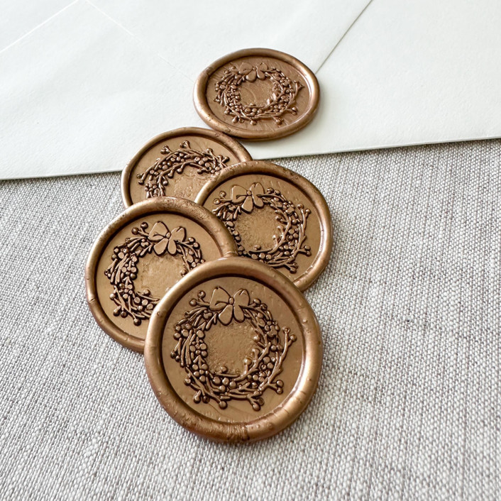 Antique Gold Christmas wreath wax seal sticker | Set of 10 Wax Seals by Maria Ferrer G. | Minted