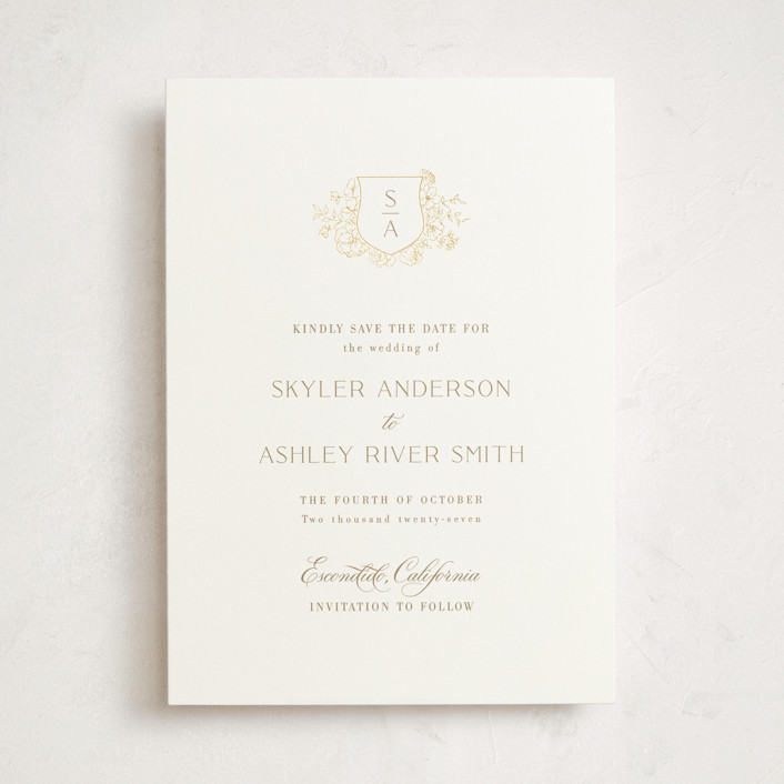 Floral Crest Foil-Pressed Save The Date Cards by Cass Loh | Minted
