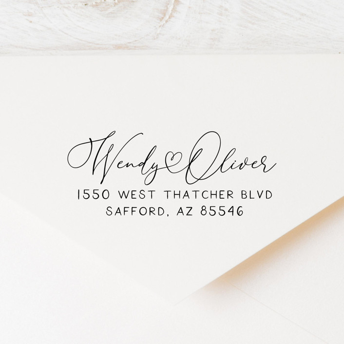 Elegant Custom Address Stamp with first names linked with a heart ...