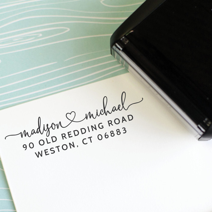 Custom Address Stamp with first names linked with a heart | Self Inking ...